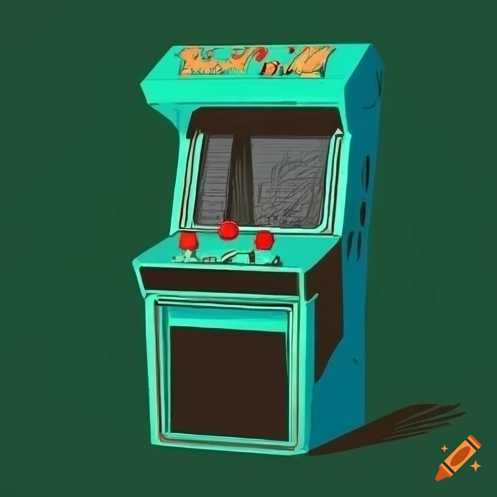 Frontal view of retro arcade machine in dark green colors on Craiyon