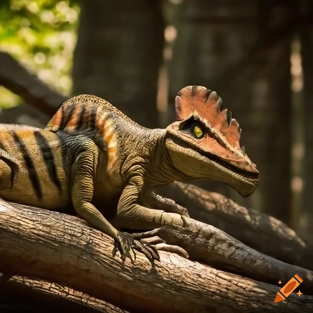 Three dilophosaurus resting in the shadow of a tree in a sunny clearing ...