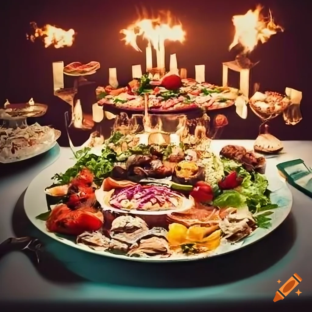 Vibrant snapshot of a joyous feast with musical and culinary delights ...