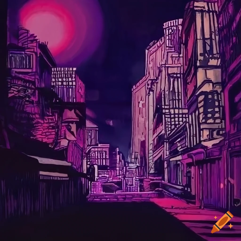 Dark city view with japanese folklore-inspired art in vibrant violet ...