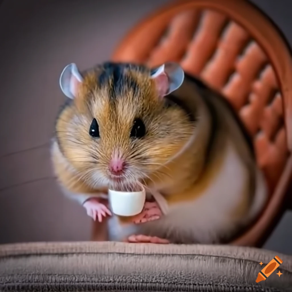 Fuzzy hamster enjoying tea in a tiny chair