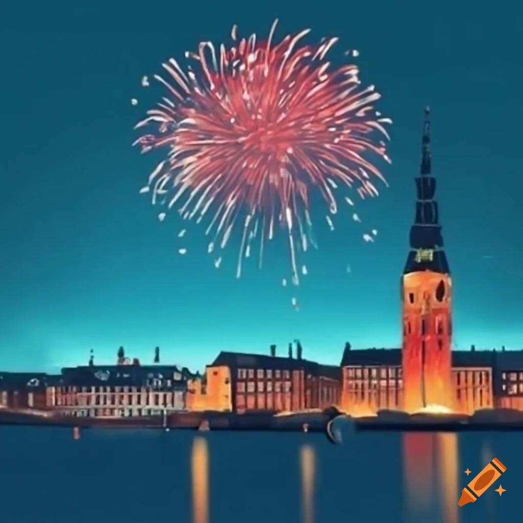 New year fireworks lighting up the copenhagen skyline on Craiyon