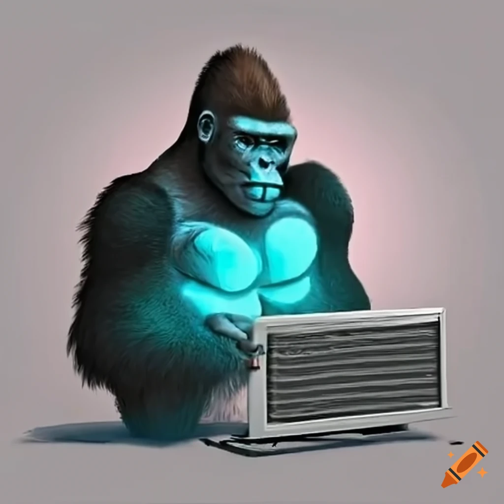 White gorilla battling a computer