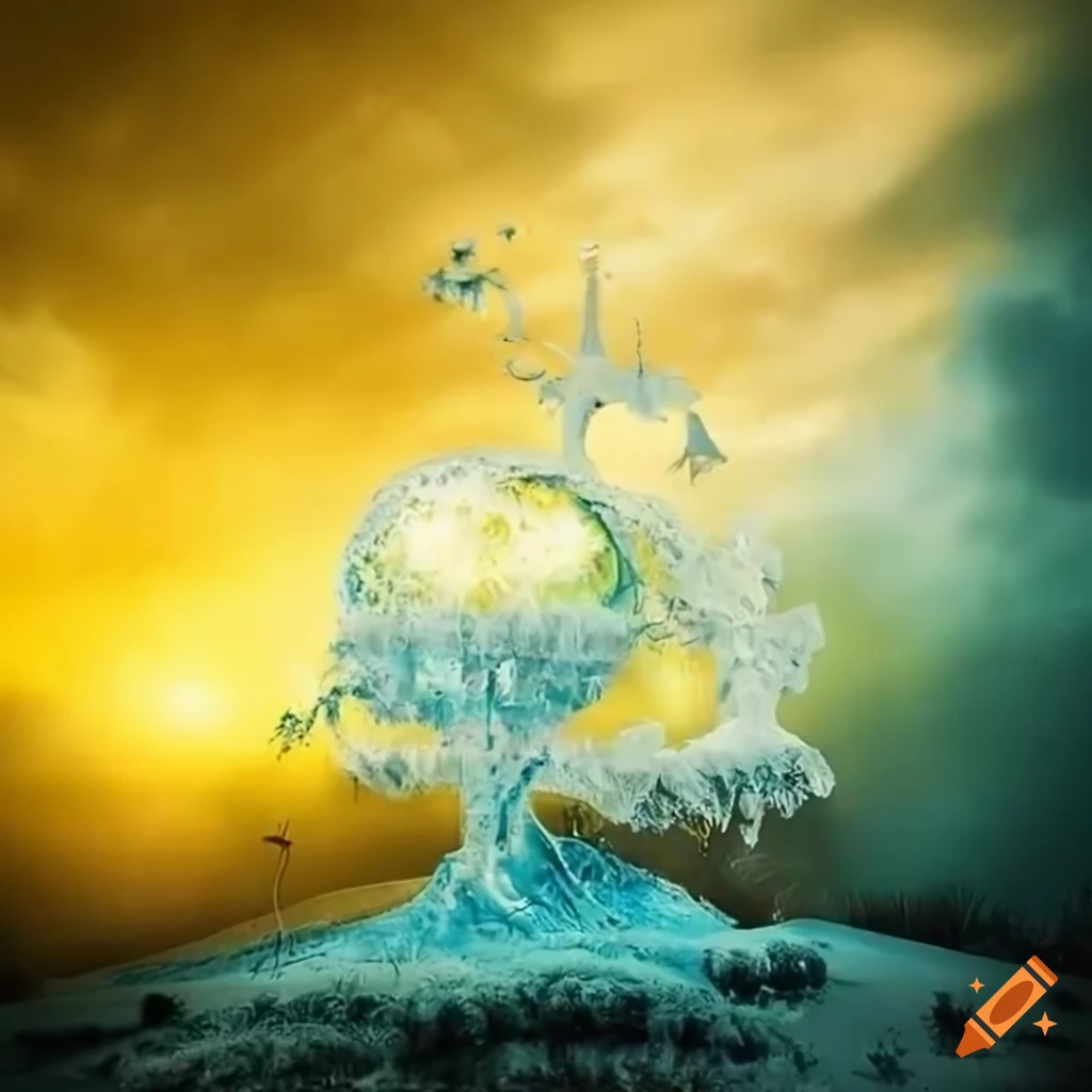 Surreal park with strange creatures, surreal trees, and fantasy snow crystals on Craiyon