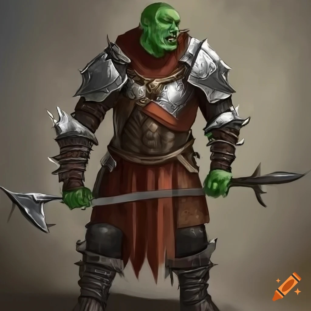 Fierce and royal half-orc/half-human in shiny forged armor wielding a huge halberd on Craiyon