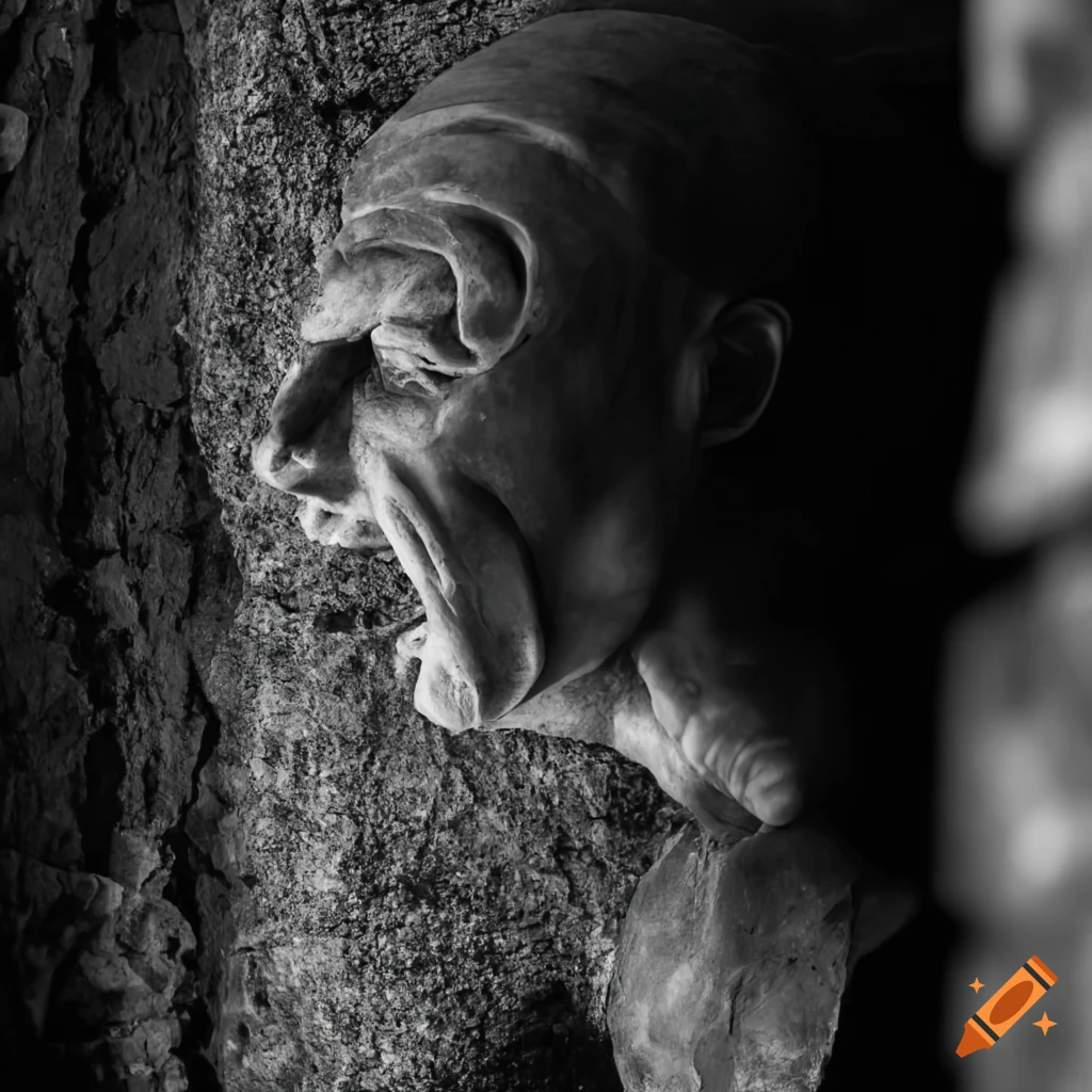 Sculpture of a blind man emerging from a rock wall on Craiyon