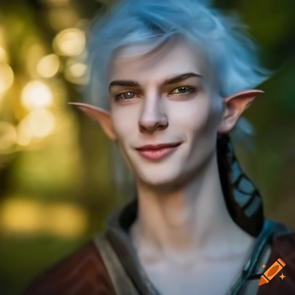 Smiling male elven rogue with white messy hair and green eyes