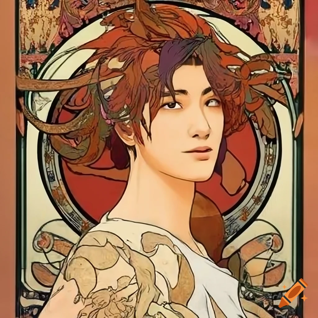 Alphonse mucha inspired poster of handsome man's face