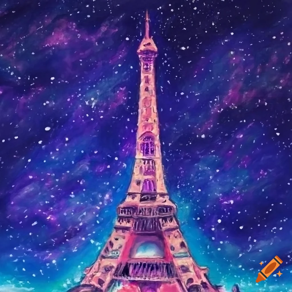 Eifel tower against a starry night sky in pastel art