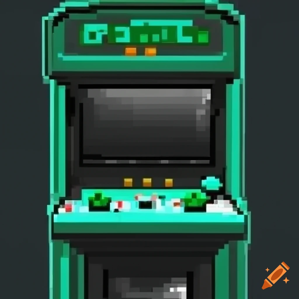 Pixel art of retro arcade machine in dark green and black colors on Craiyon