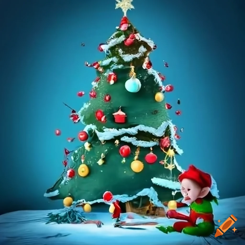 Elf decorating a winter christmas tree