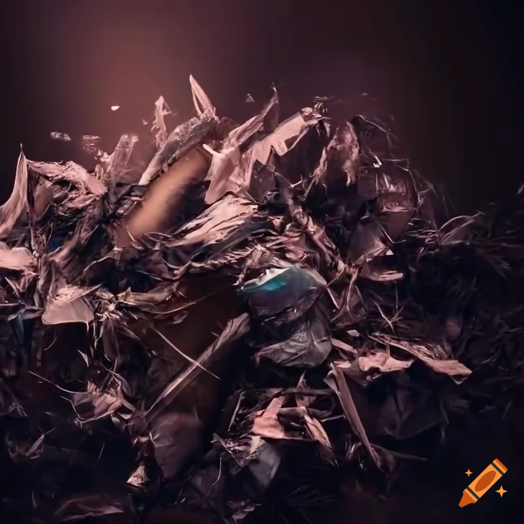 Distorted figure caught in chaotic junk garbage web in a destroyed ...