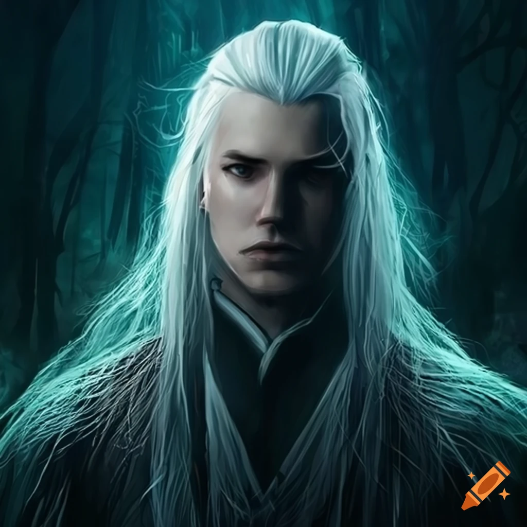 Epic poster of a tall male elven king with flowing white hair in front ...