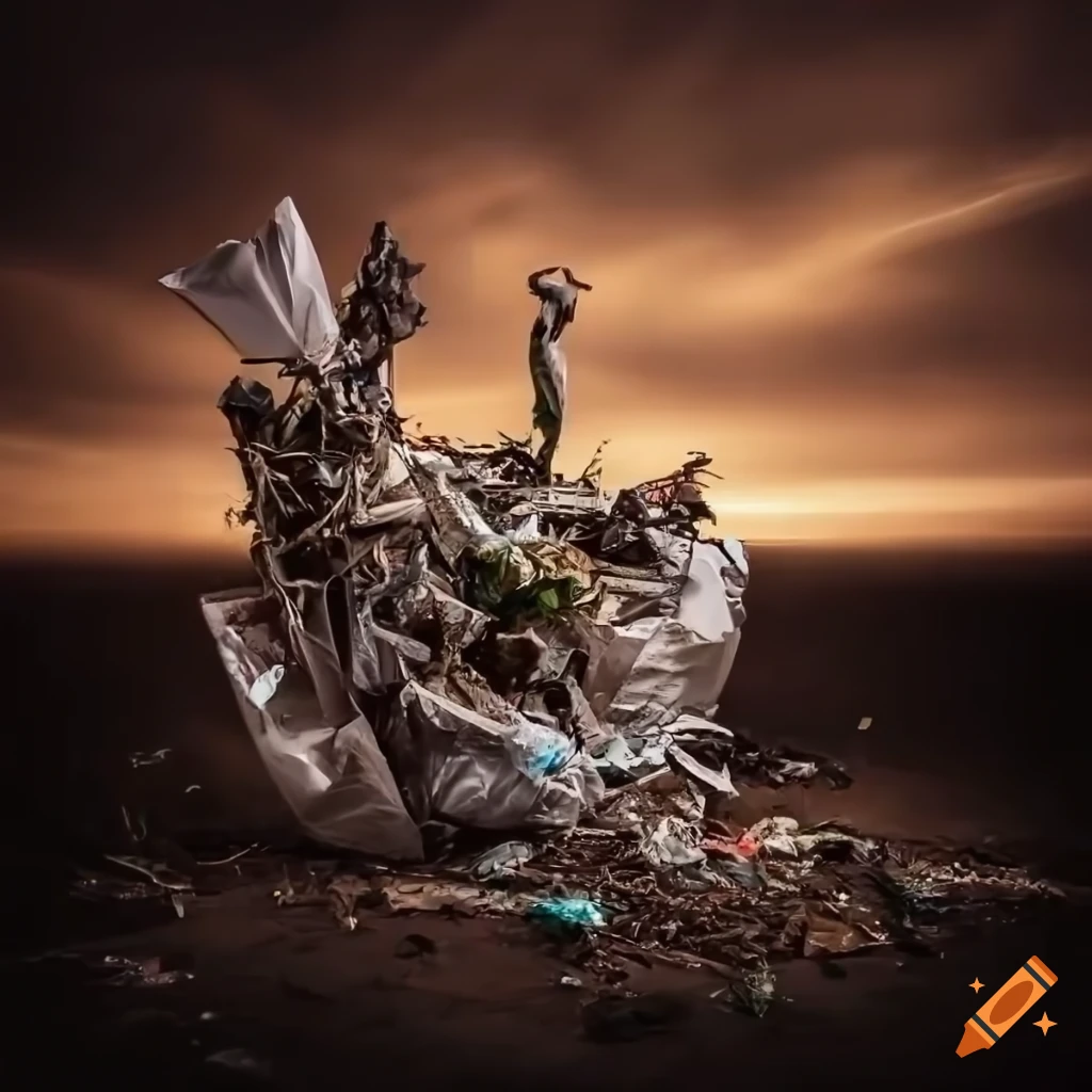 Distorted figure caught in web made of junk garbage in a destroyed ...
