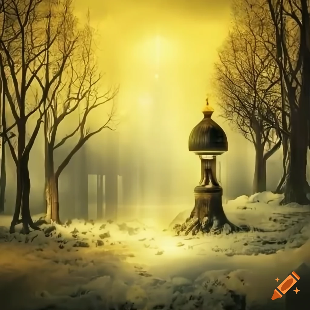 Fantasy park with surreal creatures, whimsical trees, lamp posts, and ...