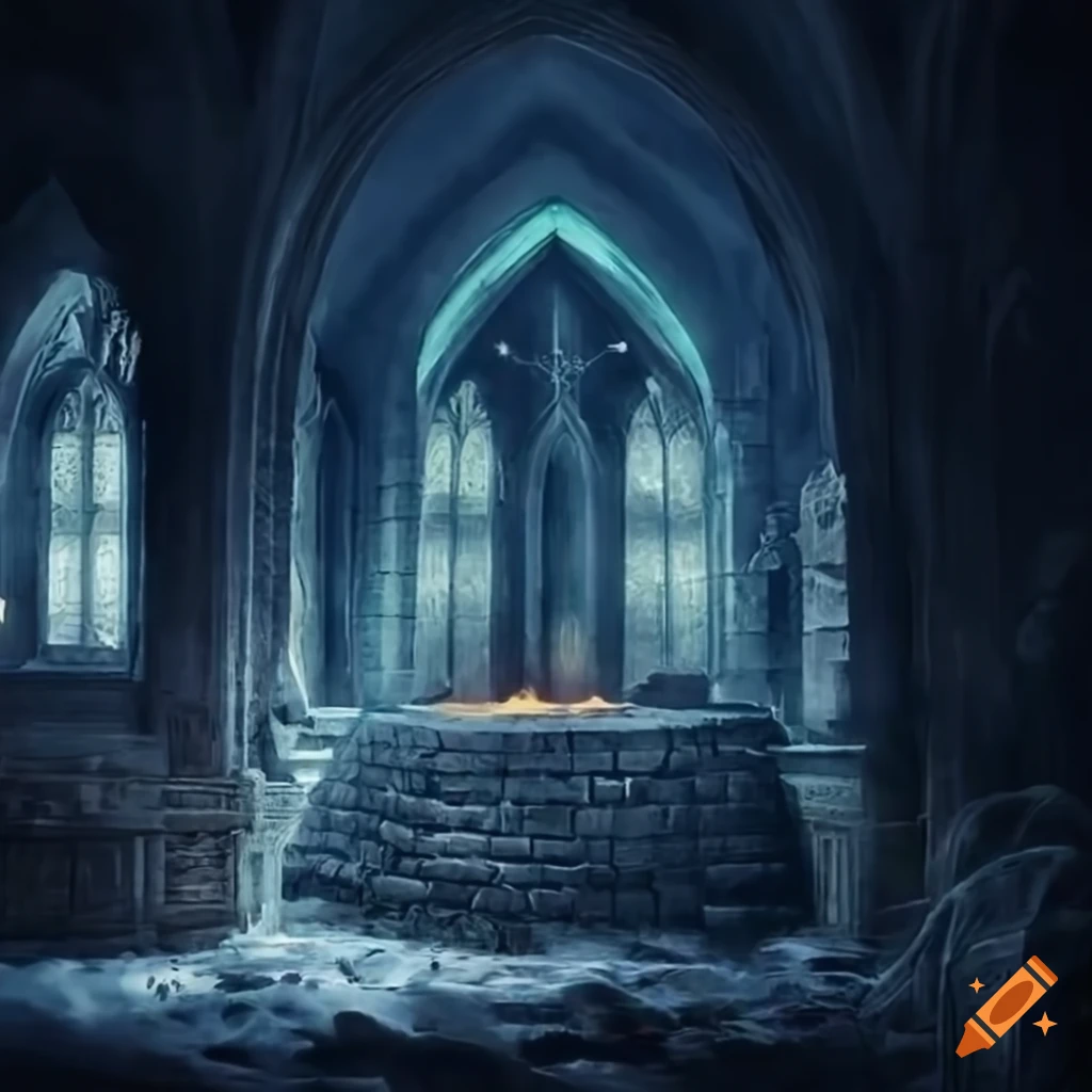 Medieval fantasy monastery interior with flickering torchlight on Craiyon