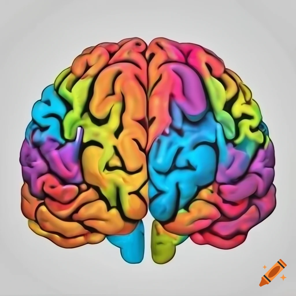 Top view of a brain with different colored brain areas on a white ...