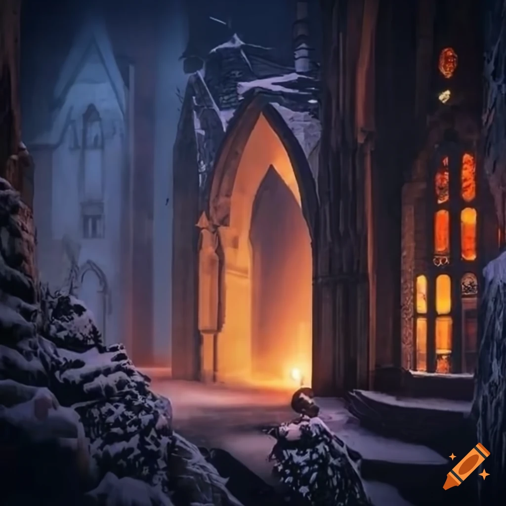 Medieval fantasy monastery in cold winter night with flickering torches ...