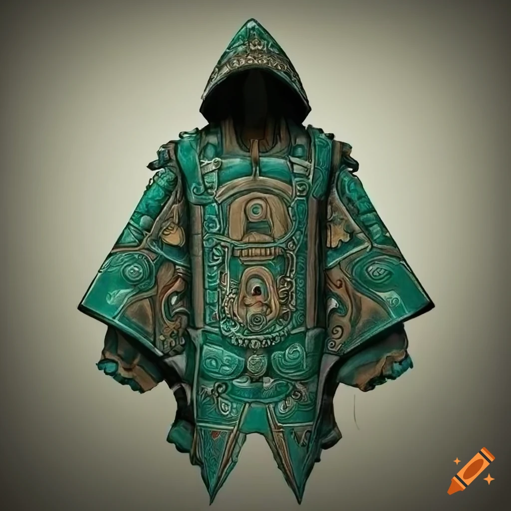 Intricately designed wizard cloak and staff with mayan motifs