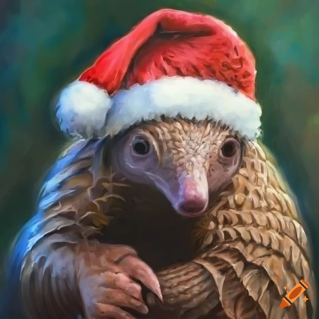 Realistic oil painting of a pangolin wearing a Christmas hat on Craiyon