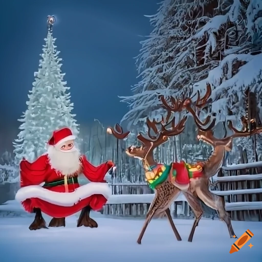 Santa and reindeer carousel in a scenic countryside with fine details ...