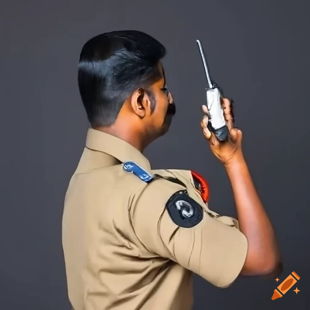 Indian police officer holding a walkie-talkie from the back