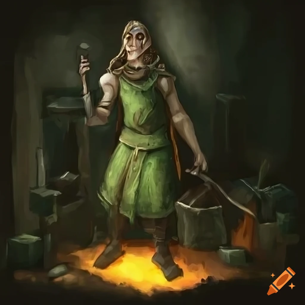 Elven blacksmith working on a spectral green anvil on Craiyon