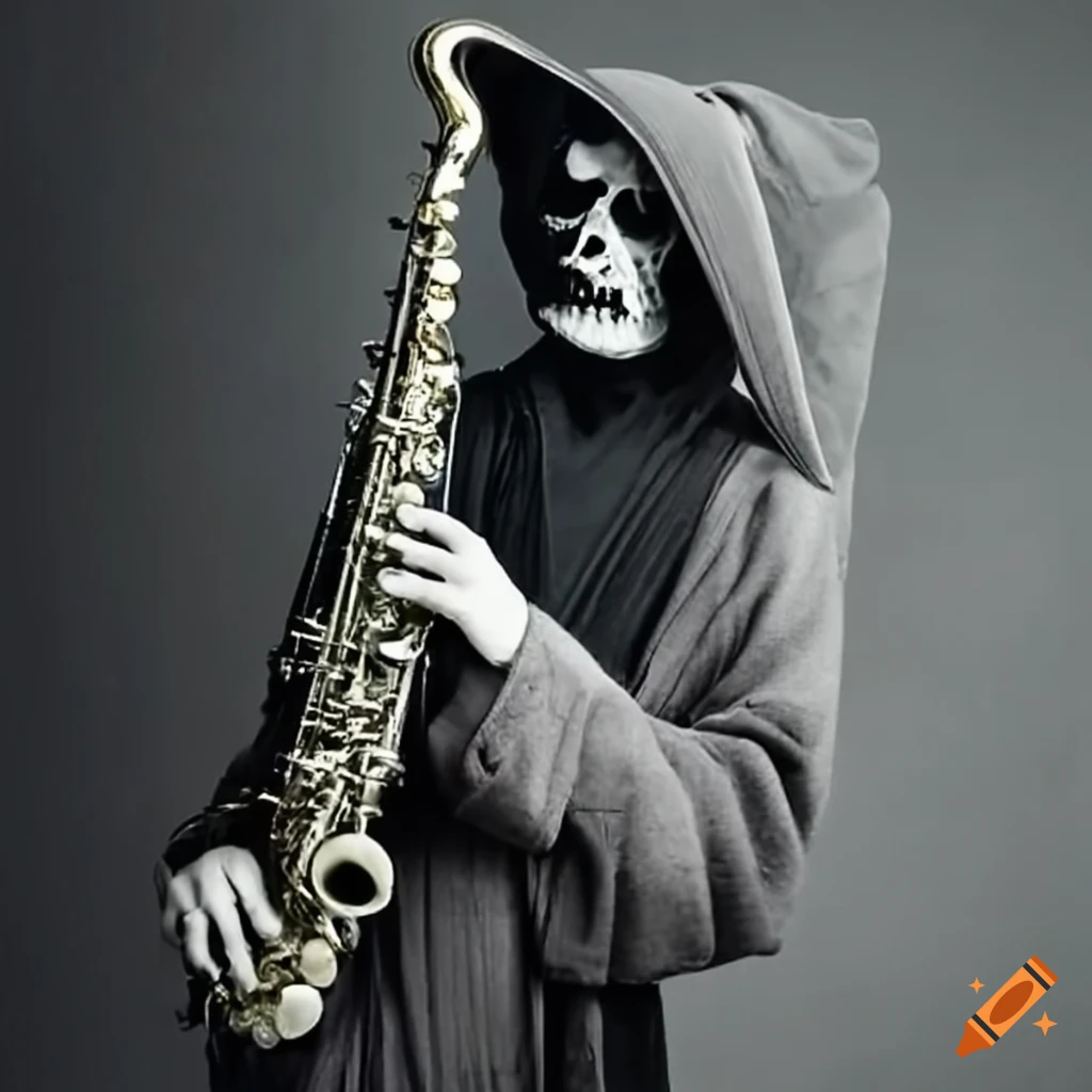 Grim reaper playing a saxophone