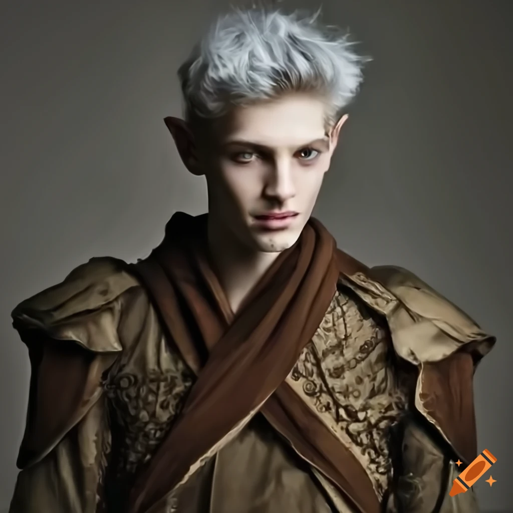 Smiling male elven rogue with white messy hair and green eyes on Craiyon