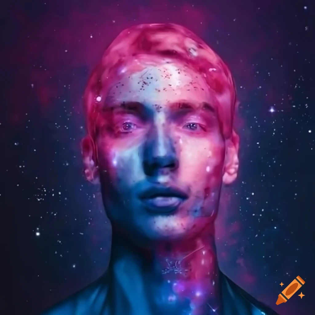 Abstract image of a man connected telepathically to a galaxy-sized ...