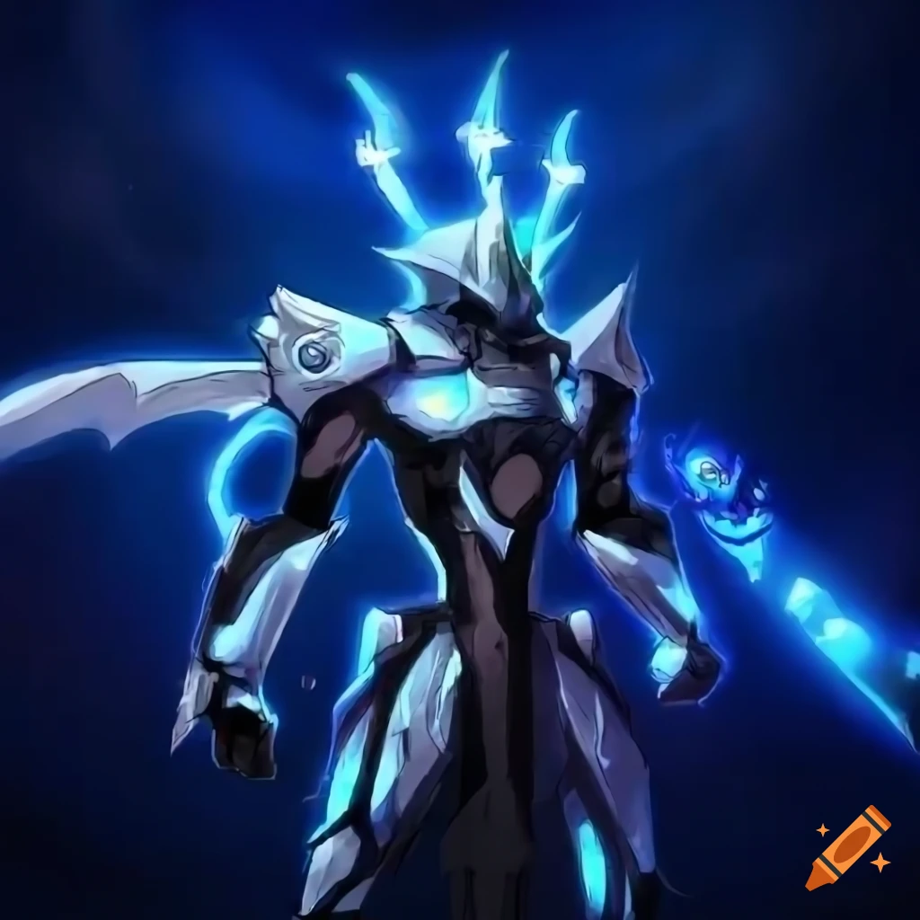 Winged slender white armored mecha with glowing blue eyes and long ...