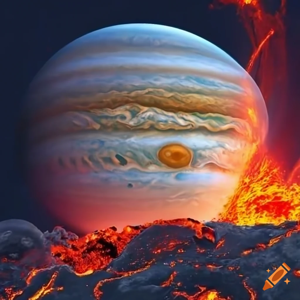 Jupiter planet over volcanic eruption