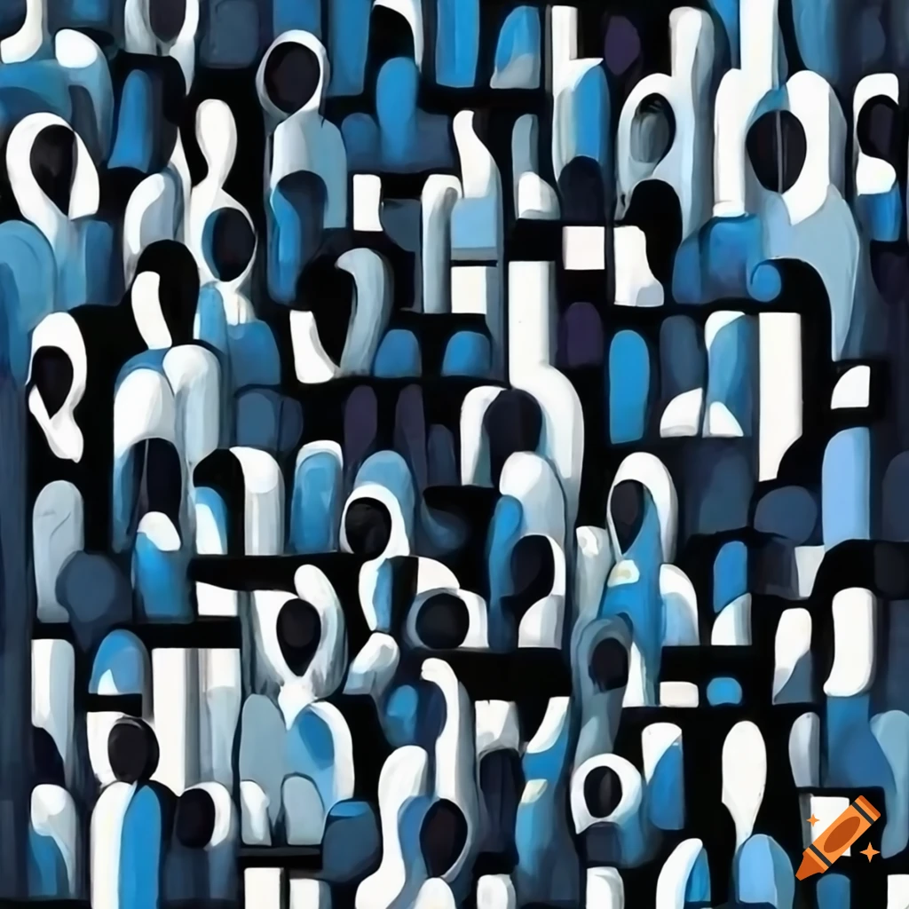 Abstract mosaic painting of people in a blue maze on Craiyon