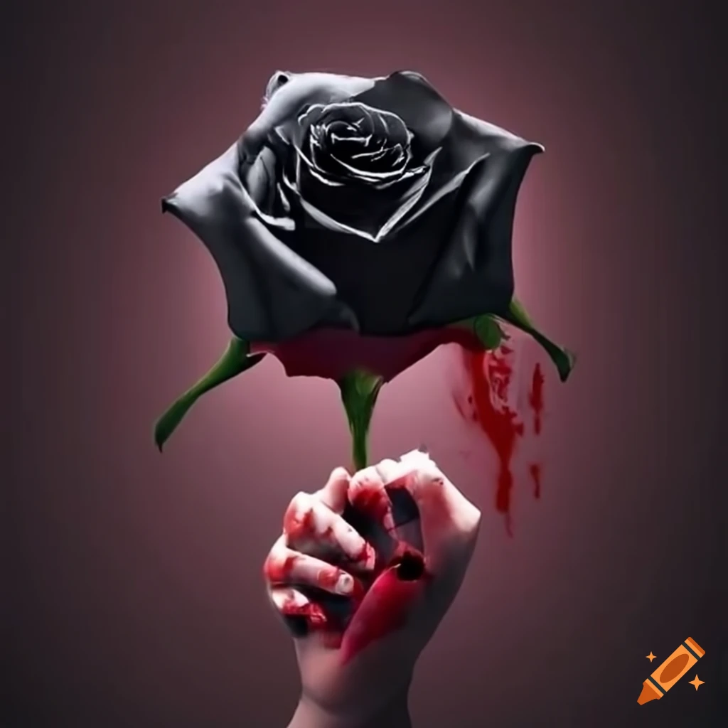 Hand holding black rose crying blood with books around