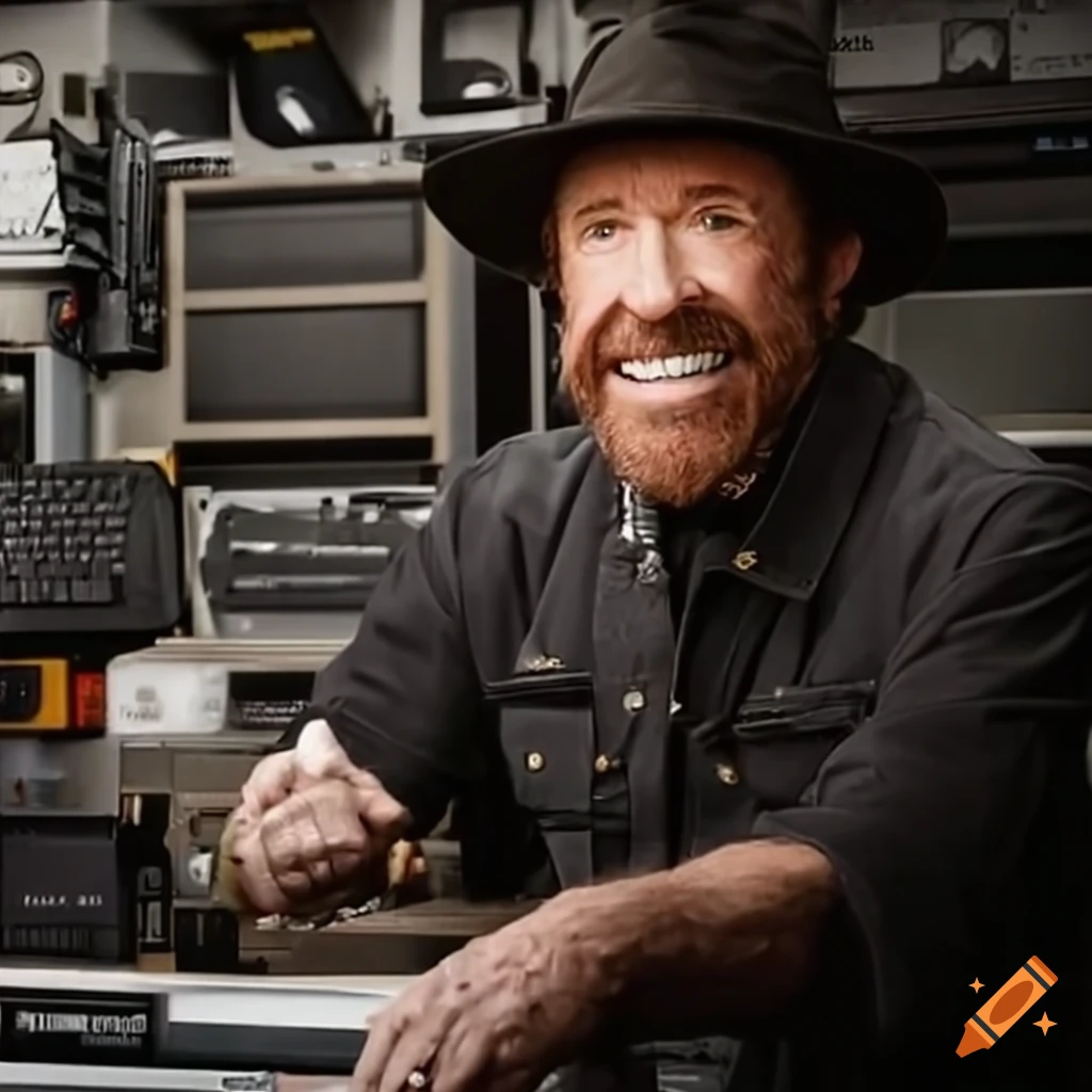 Celebrity in a garage full of computers