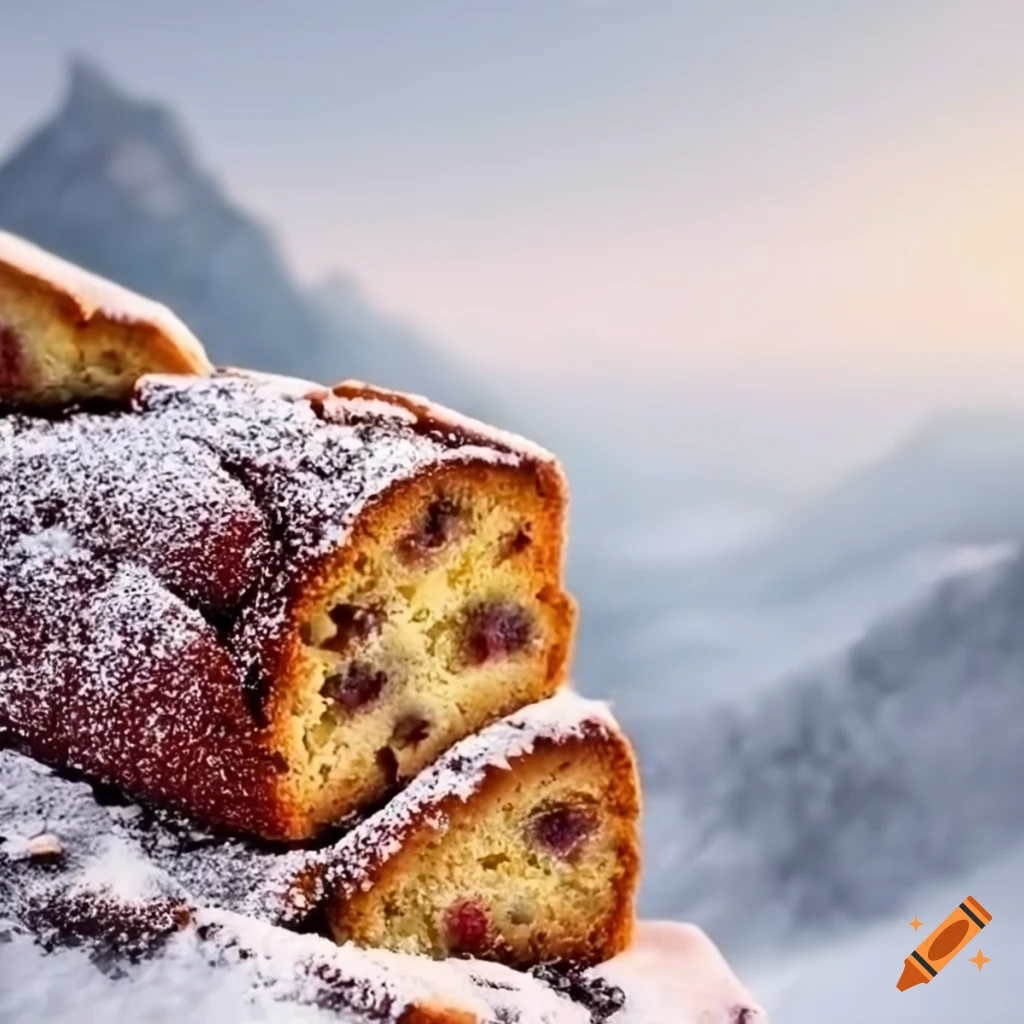 Mountain cliff made of fruit cake with powdered sugar icing on Craiyon