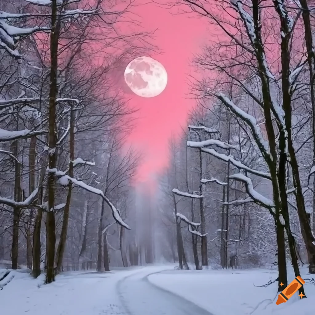 Snowy forest road with red moon and mist in winter on Craiyon