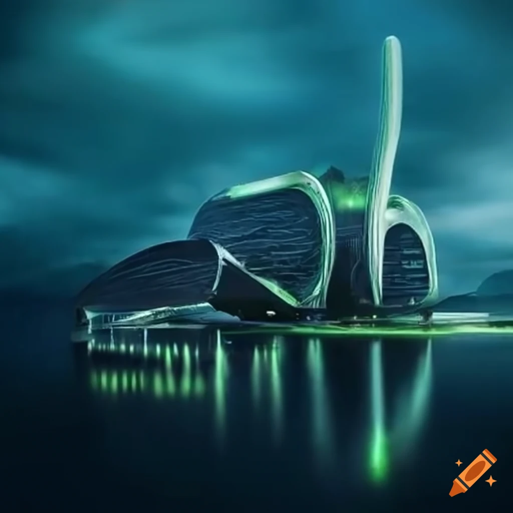 Futuristic green alien institute building on Craiyon