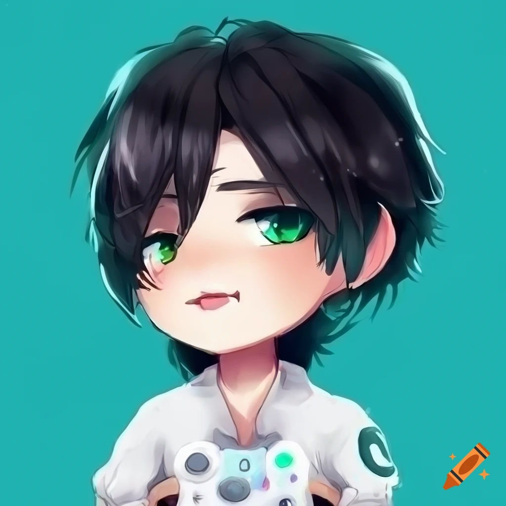 Cute male half-asian half-white chibi with dark hair using a gaming ...