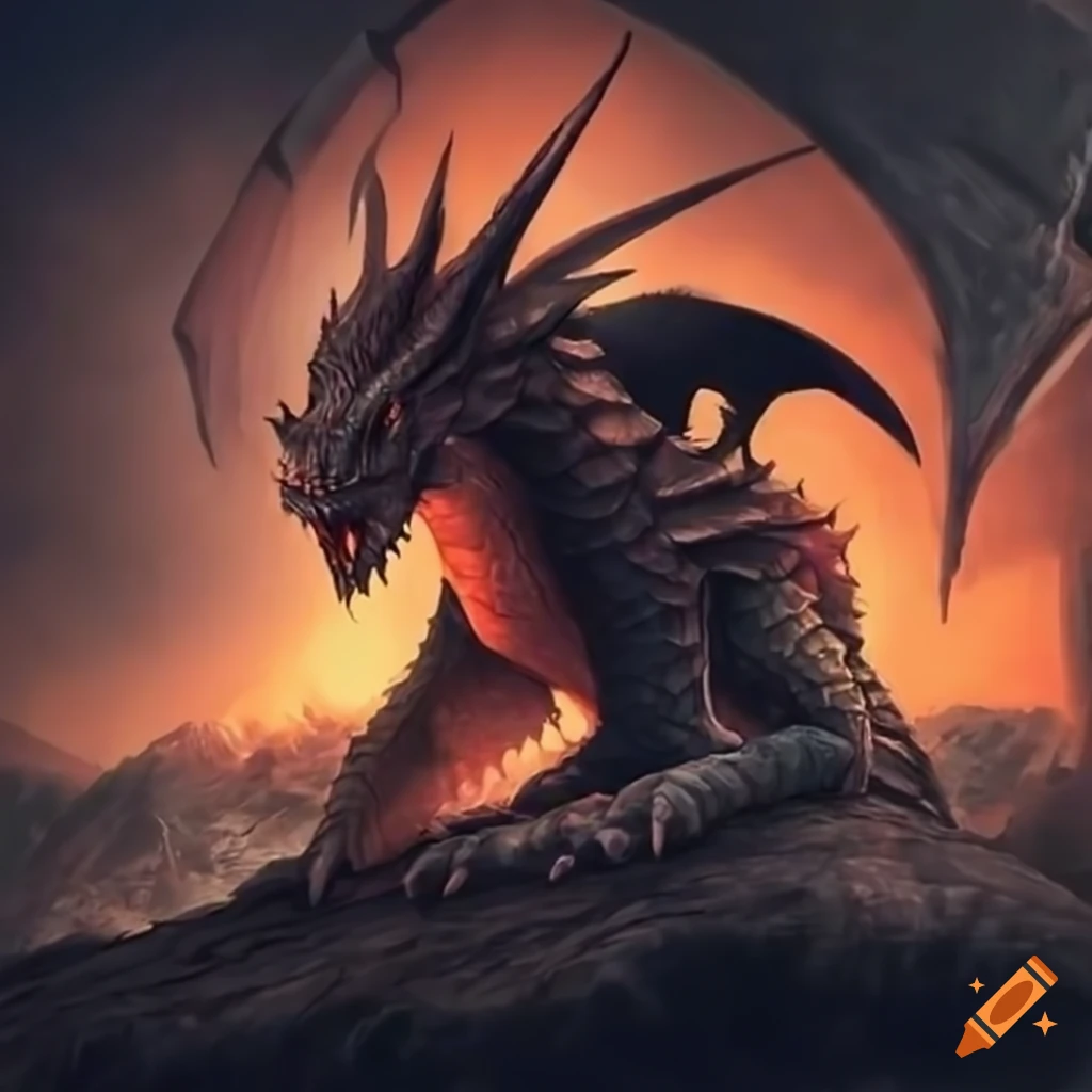 A dragon in a fiery landscape reminiscent of mordor