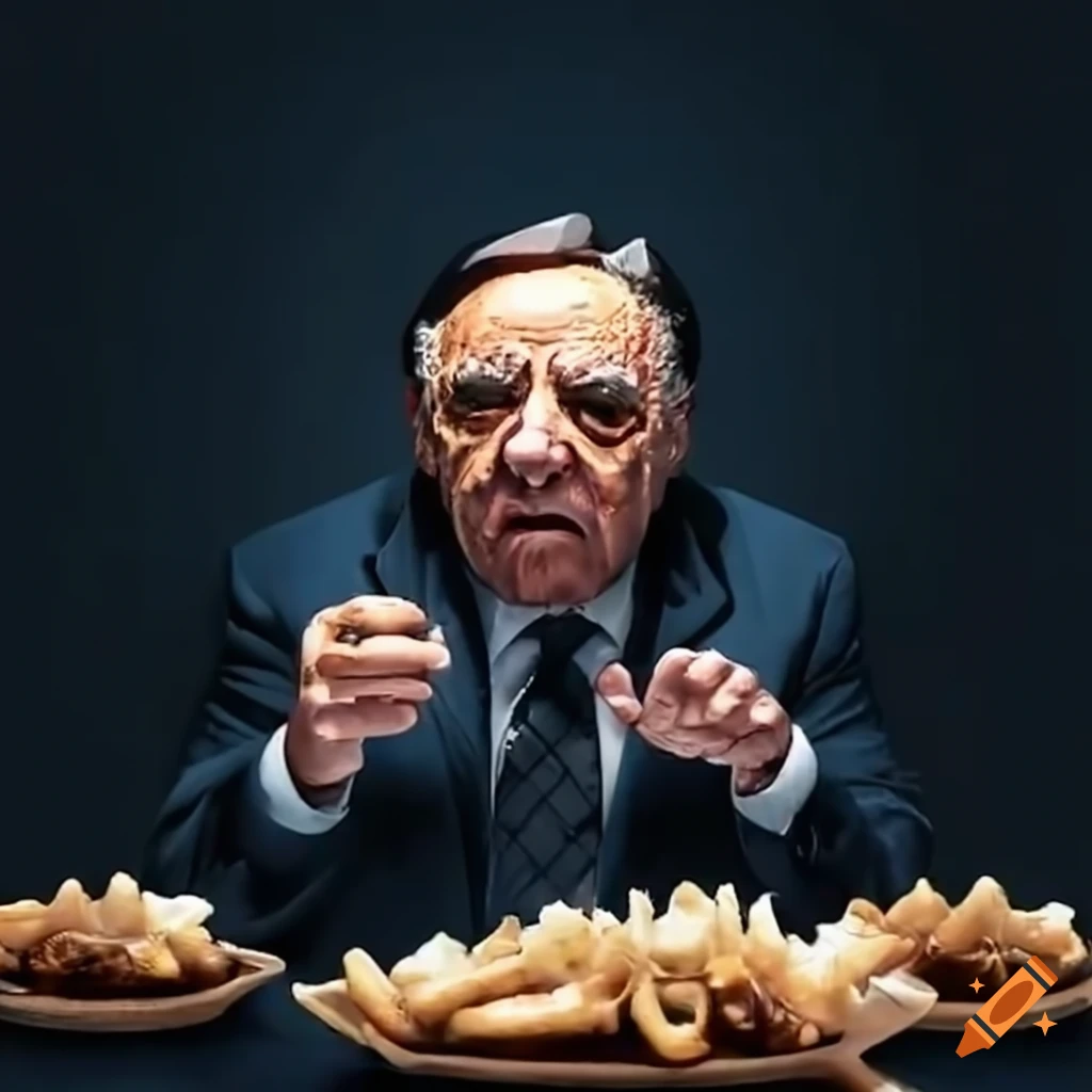 Satirical depiction of Franu00e7ois Legault swimming in poutine and ...