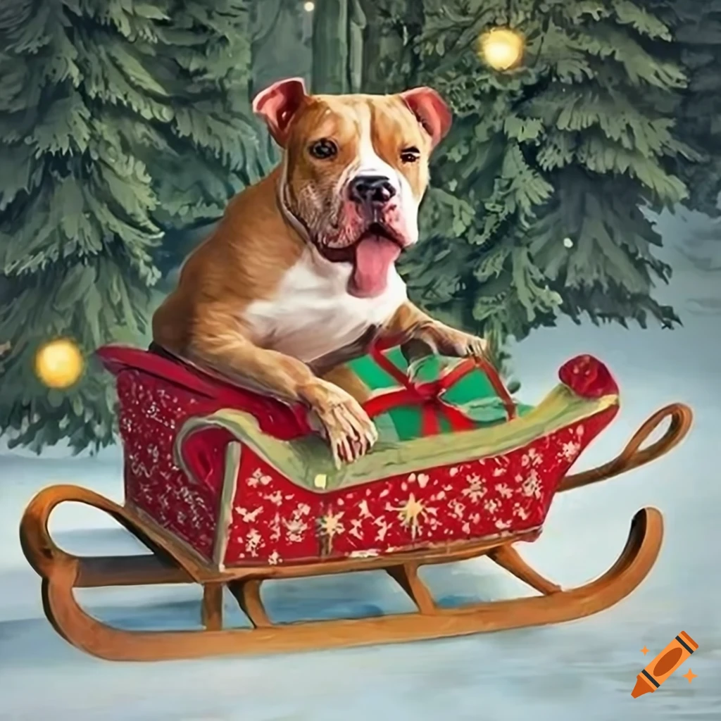 Vintage Christmas Card featuring a happy red-nosed pitbull puppy in a ...