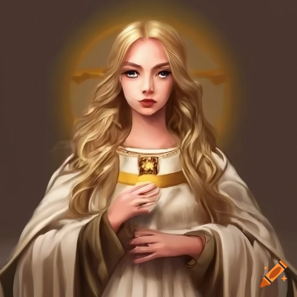 Saint with long blonde hair and a halo