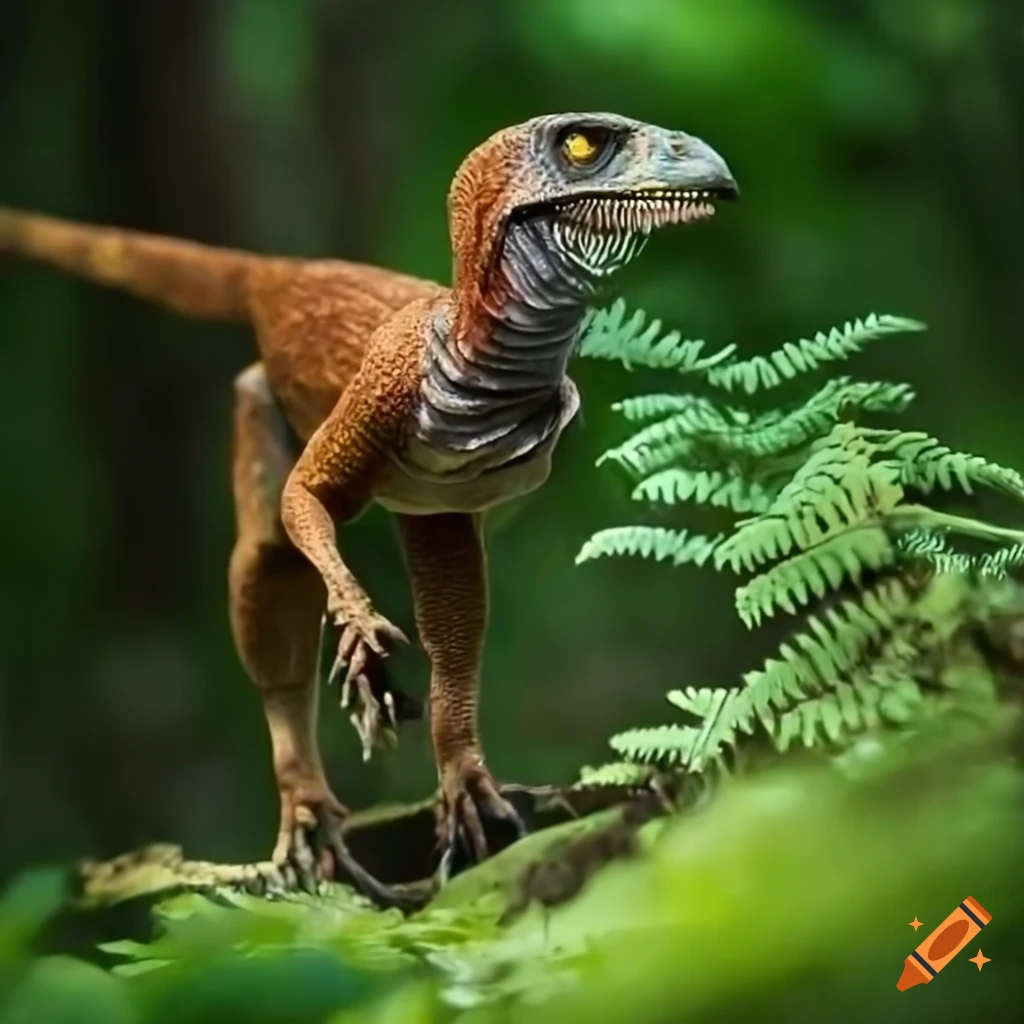 Feathered velociraptor in a sunny forest clearing with fern undergrowth ...