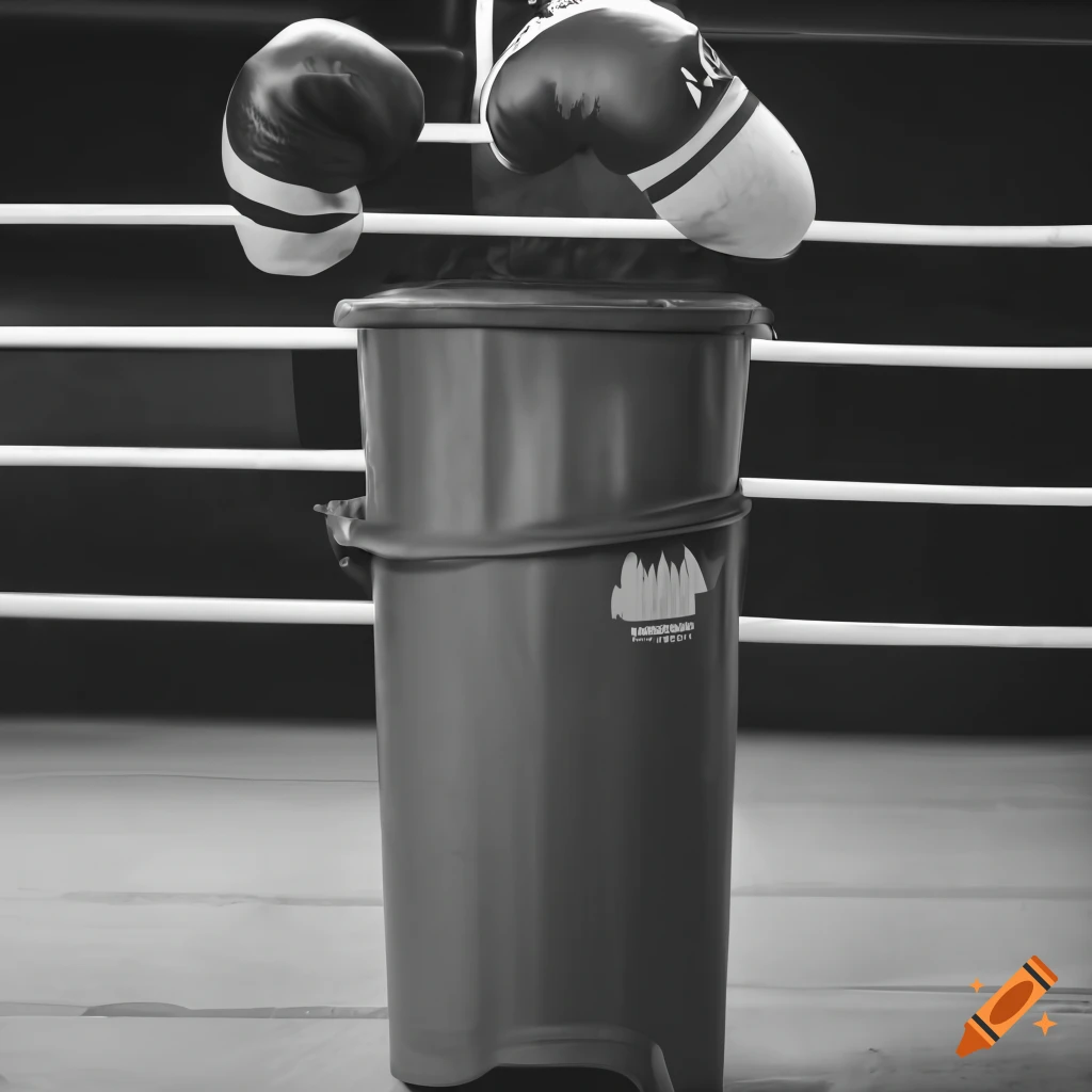 Trash bin with boxing gloves in a boxing ring