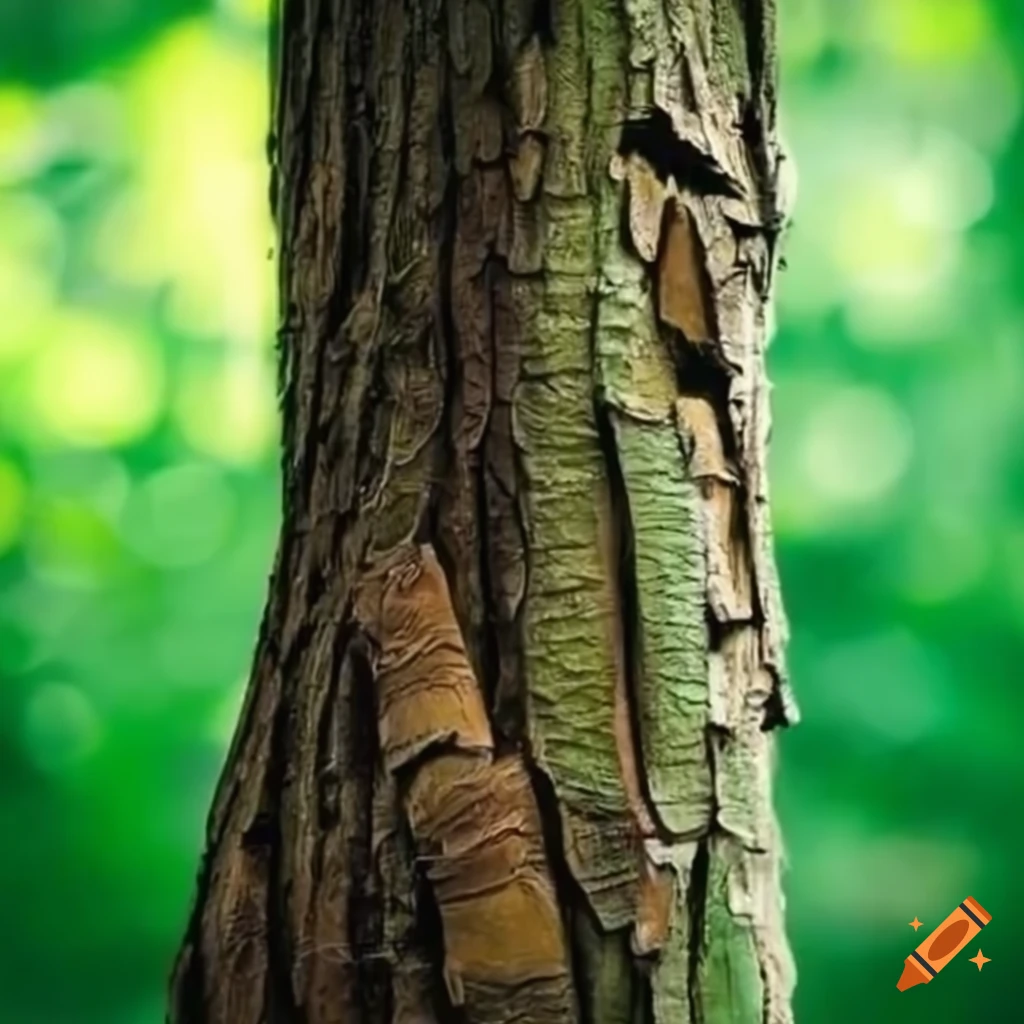 Tree bark resembling shed armor, exposing tree skin in brown and green