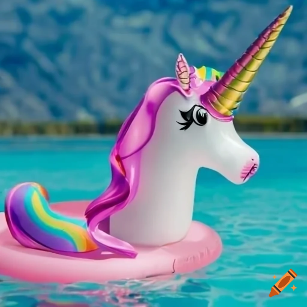 Unicorn with a hair bow in a floatie in a swimming pool