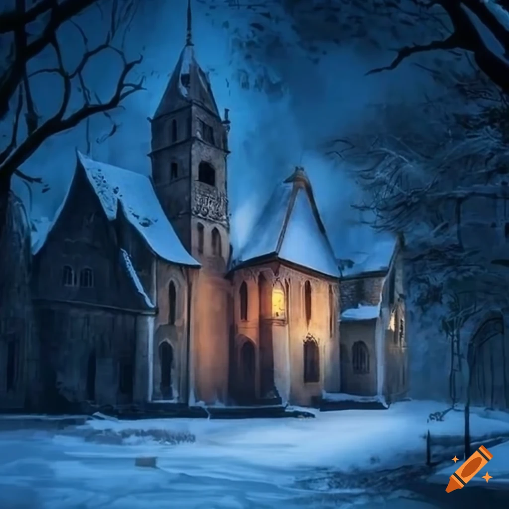 Medieval fantasy monastery in cold winter night with flickering torches ...
