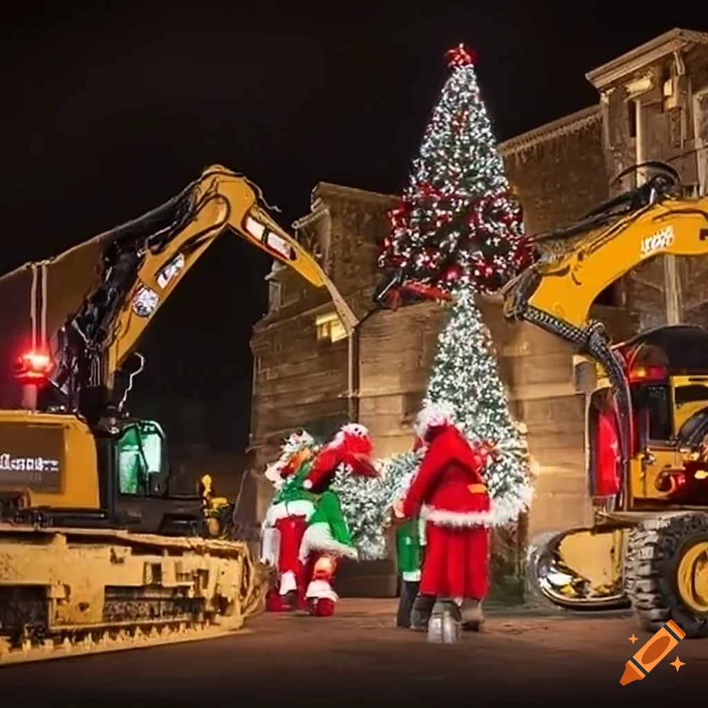 Festive holiday scene with construction equipment theme