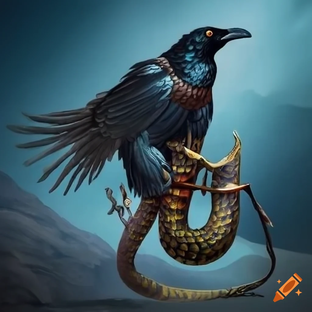 Inca raven battling snake with a sword